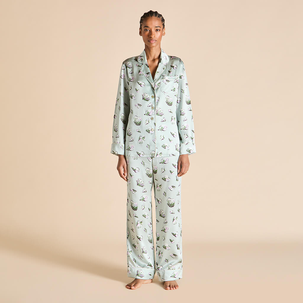 Lila Cowrie Blue Seashell Pajamas in Silk Satin | Olivia von Halle