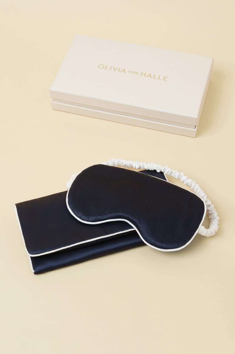 Audrey Navy Ivory Eye Mask in Silk Satin | Olivia von Halle