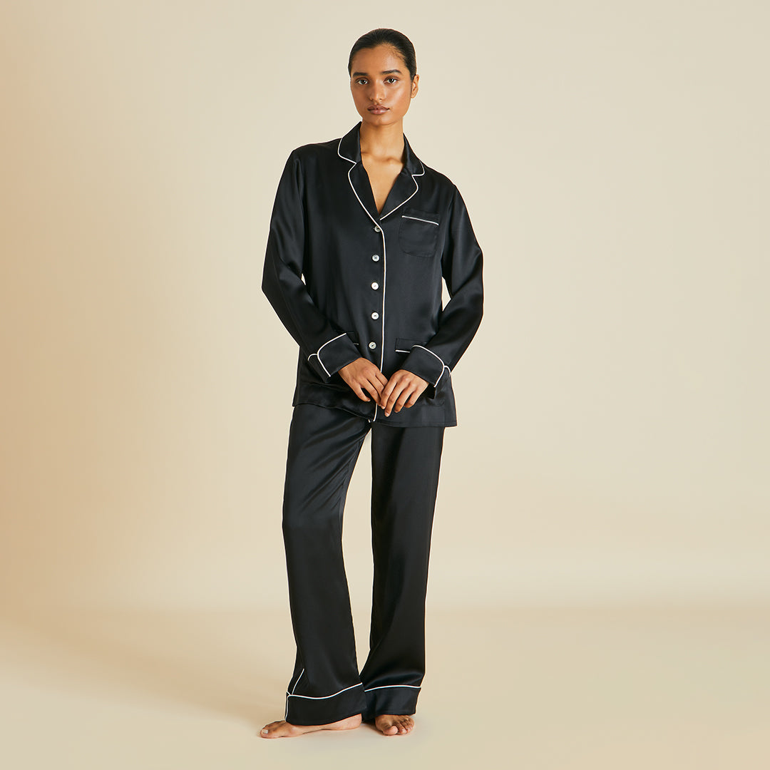 Coco Jet Black Pajamas in Silk Satin | Olivia von Halle