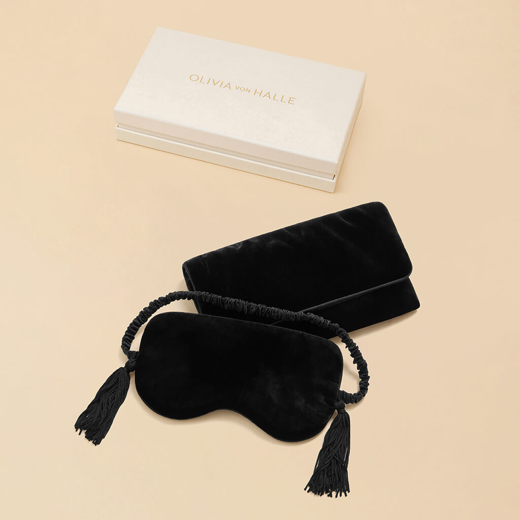 Audrey Valentina Black Fringe Eye Mask in Silk Velvet | Olivia von Halle
