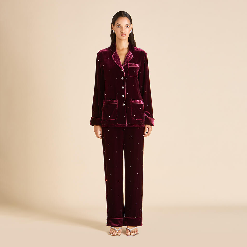 Coco Ritzy Red Crystal Pyjamas in Silk Velvet | Olivia von Halle