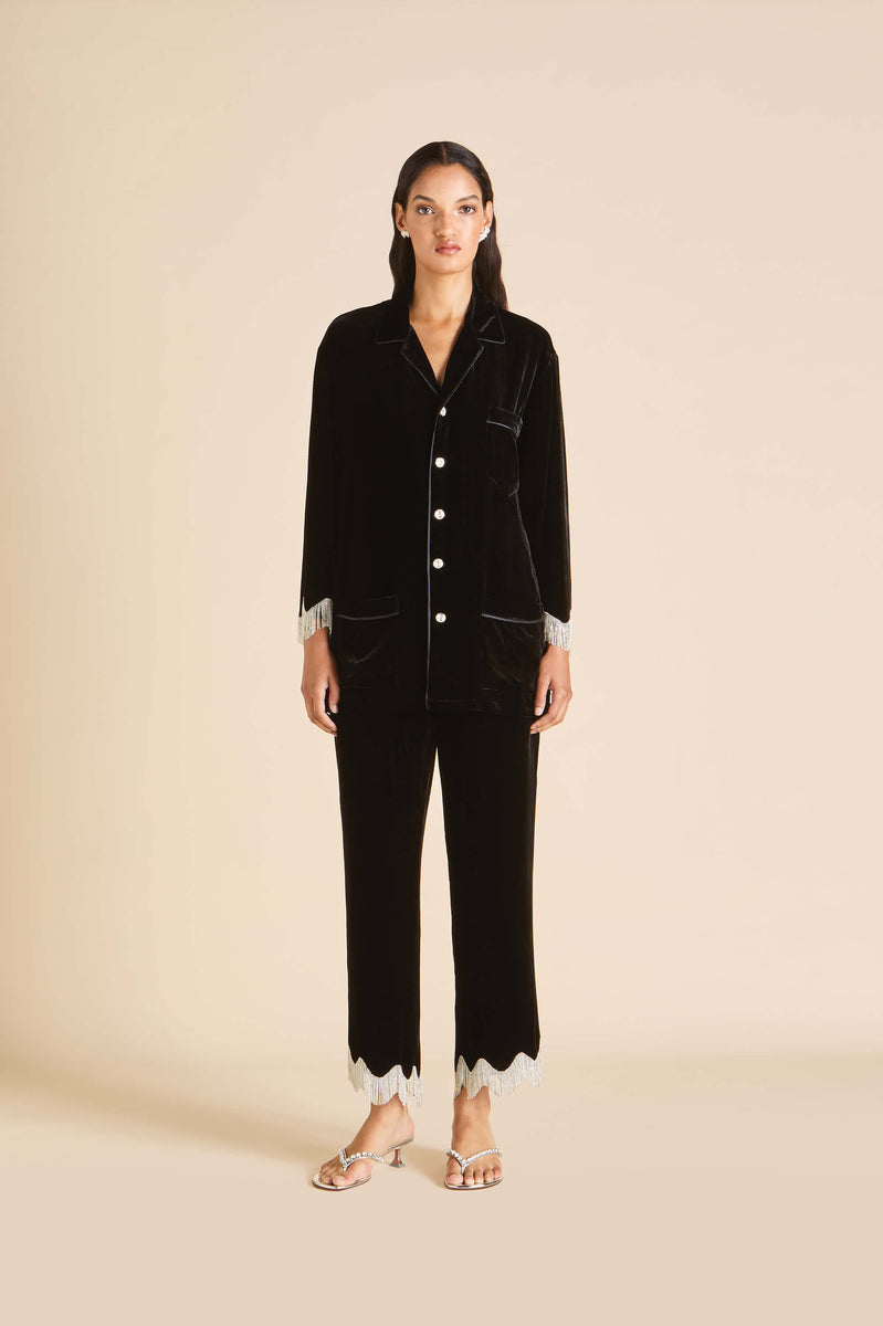 Fifi Valentina Black Crystal Fringe Pyjamas in Silk Velvet | Olivia von ...