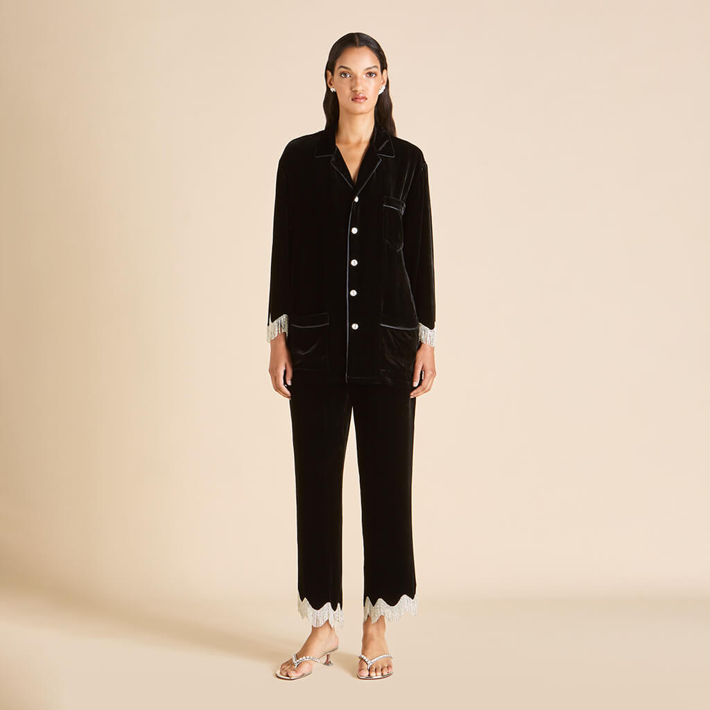 Fifi Valentina Black Crystal Fringe Pyjamas in Silk Velvet | Olivia von ...
