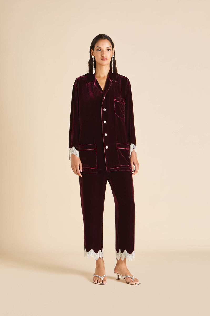 Fifi Victoria Red Crystal Fringe Pyjamas in Silk Velvet | Olivia von Halle