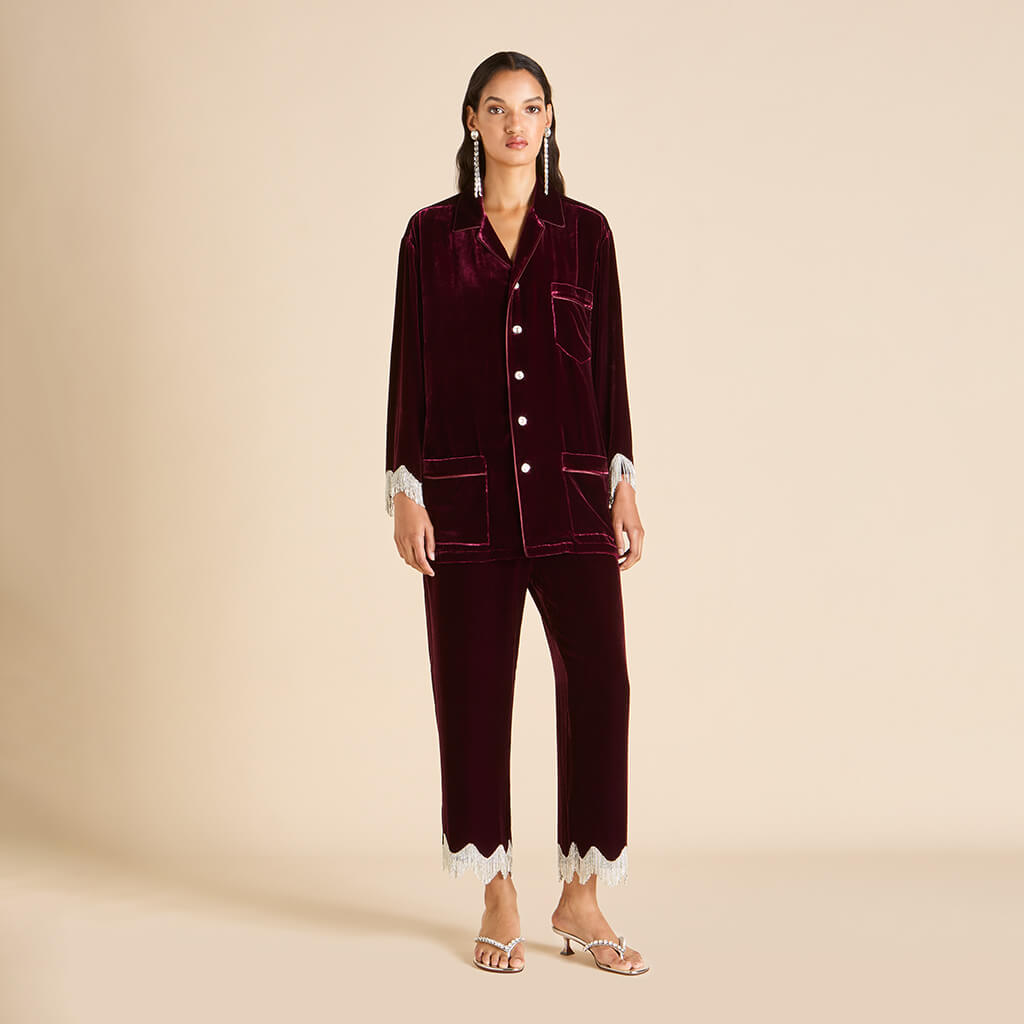 Fifi Victoria Red Crystal Fringe Pyjamas in Silk Velvet | Olivia von Halle