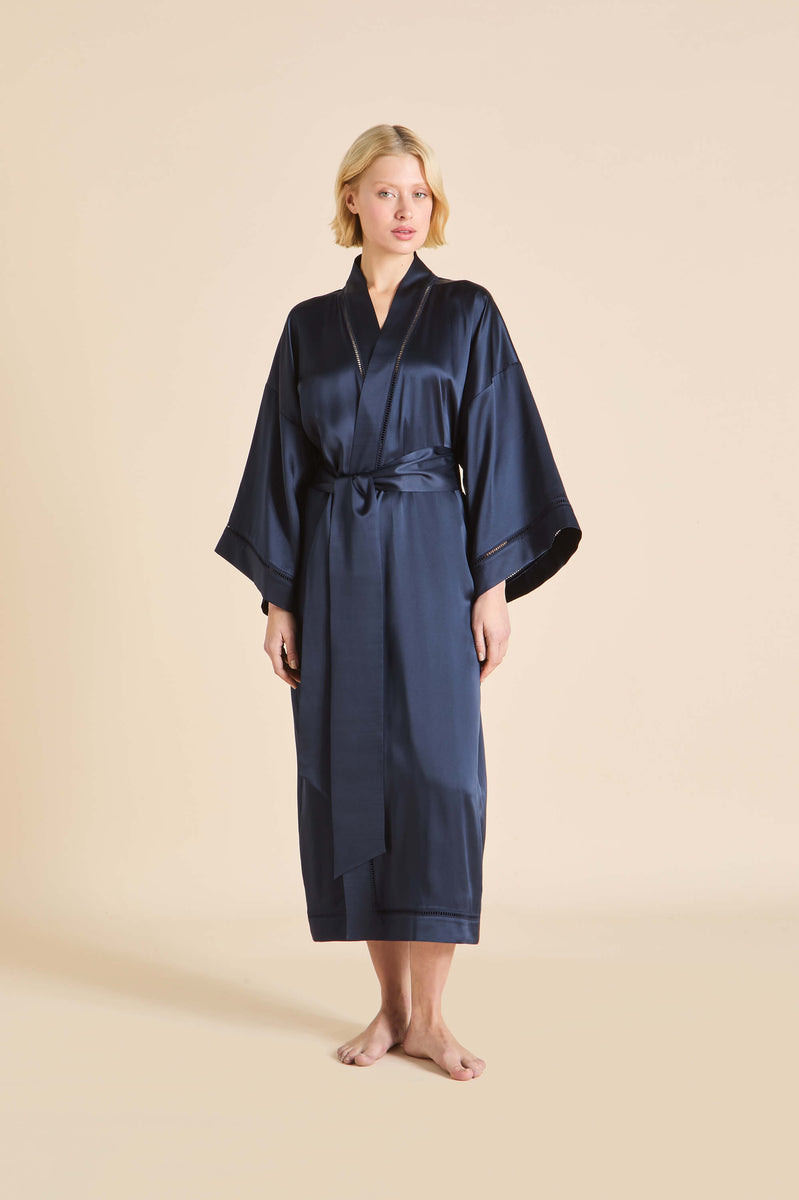 Gloria Navy Robe in Silk Satin | Olivia von Halle