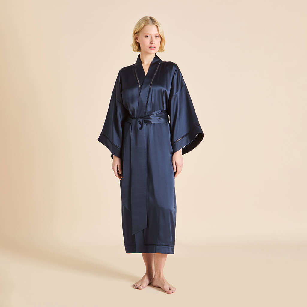 Gloria Navy Robe in Silk Satin | Olivia von Halle