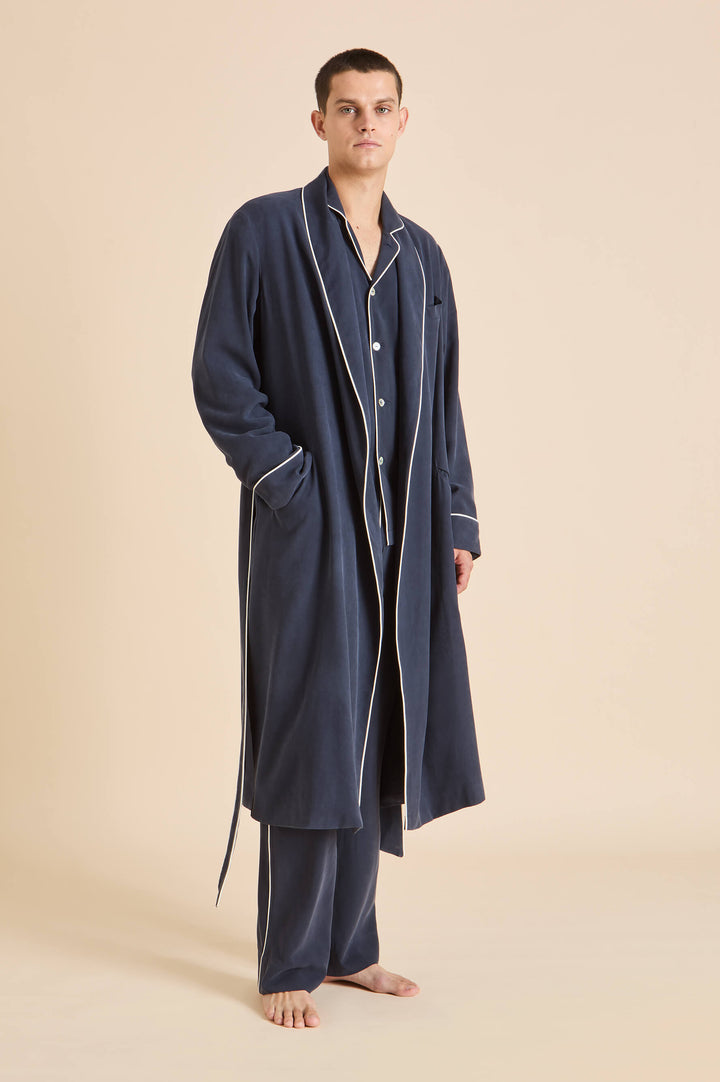 Laurent Navy Pyjamas in Sandwashed Silk | Olivia von Halle