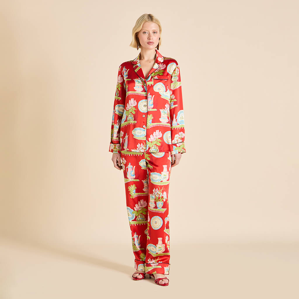 Lila Renata Red Plate Pyjamas in Silk Satin | Olivia von Halle