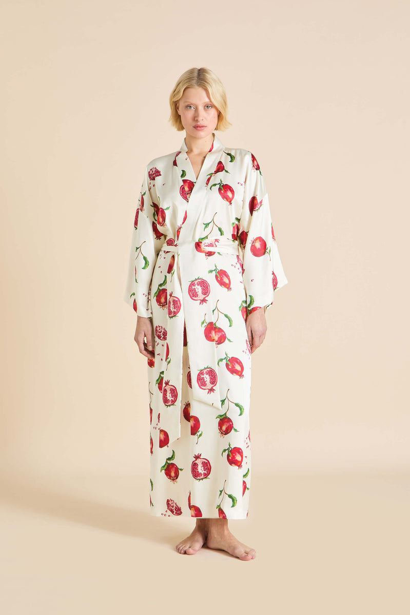 Queenie Allegra Ivory Pomegranate Robe in Silk Satin | Olivia von Halle