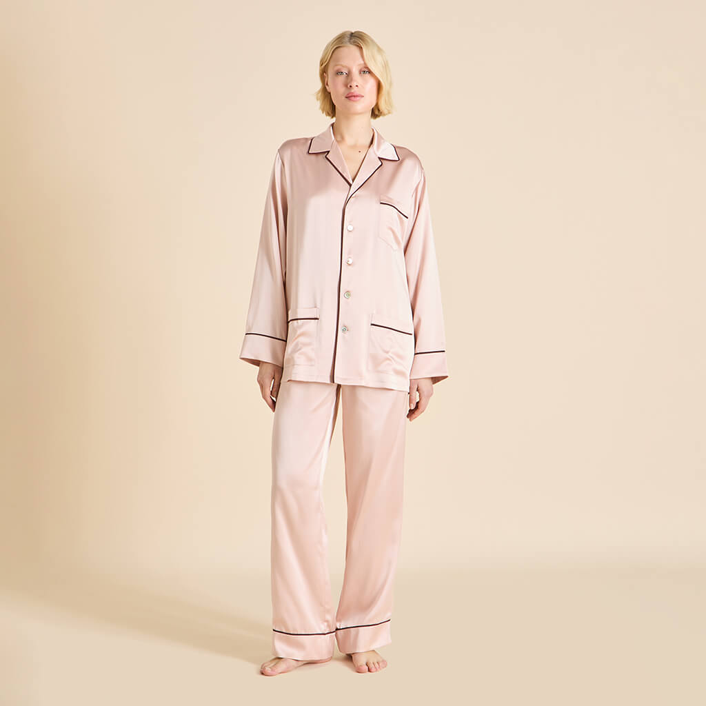 Yves Rose Pink Pajamas in Silk Satin | Olivia von Halle