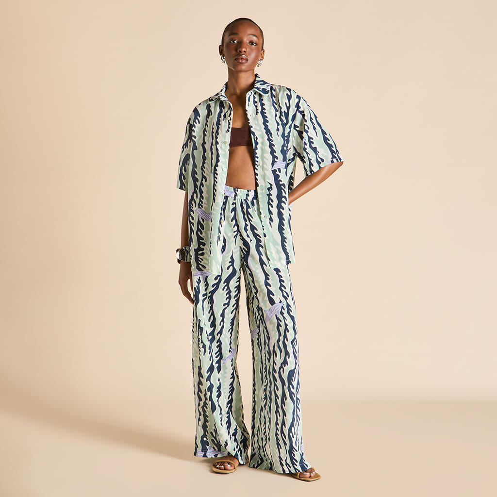 Alabama Marina Navy Wave Pyjamas in Silk Crêpe de Chine | Olivia von Halle