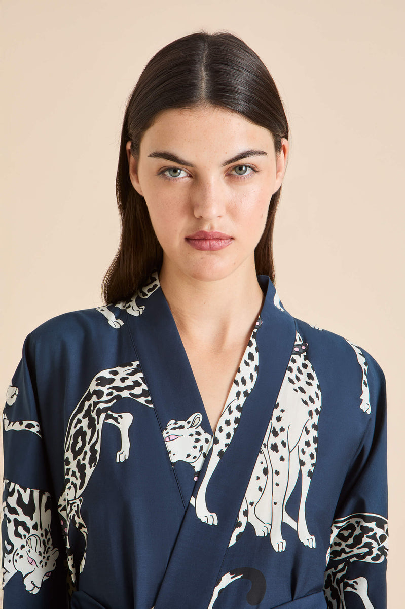 Amaya Ziegfeld Blue Leopard Robe in Cotton-Silk | Olivia von Halle