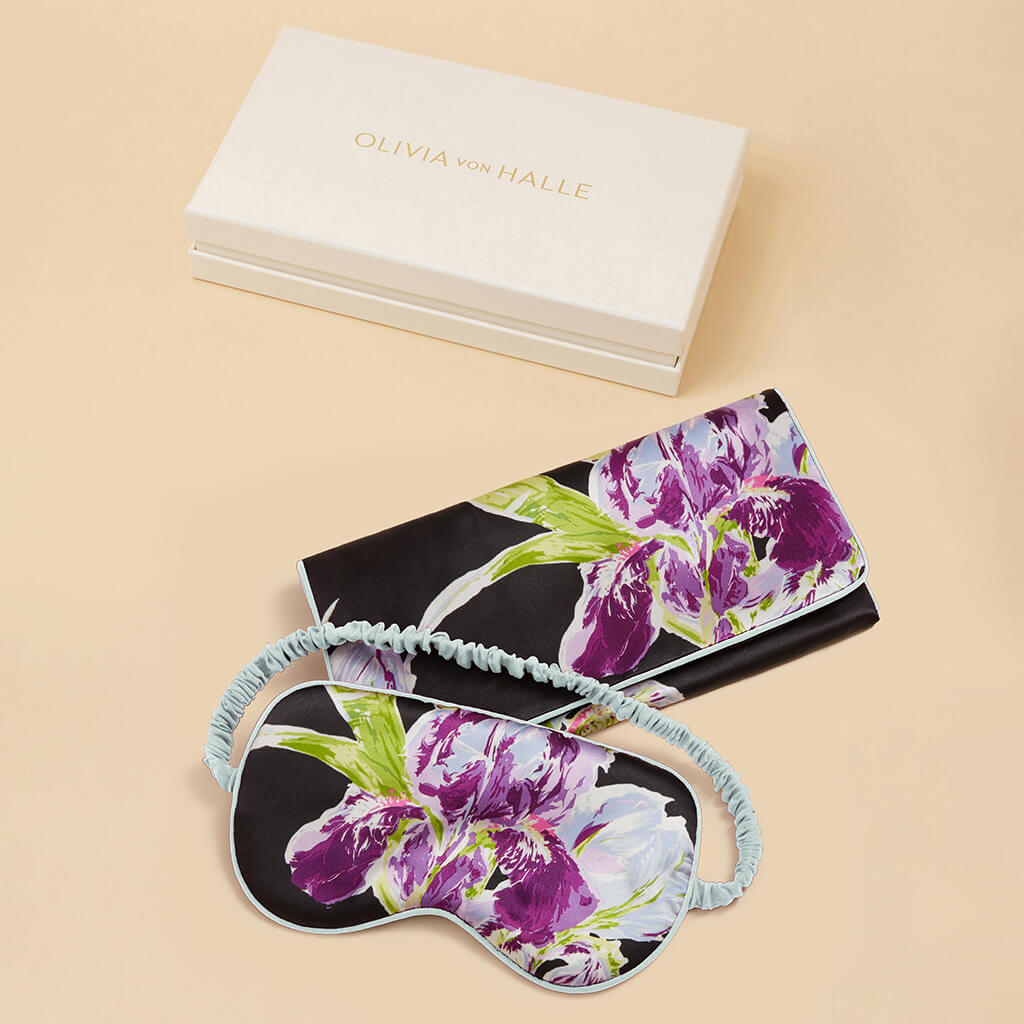 Audrey Athena Black Floral Eye Mask in Silk Satin | Olivia von Halle
