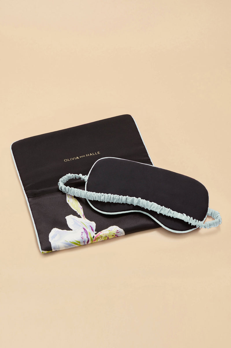 Audrey Athena Black Floral Eye Mask in Silk Satin | Olivia von Halle