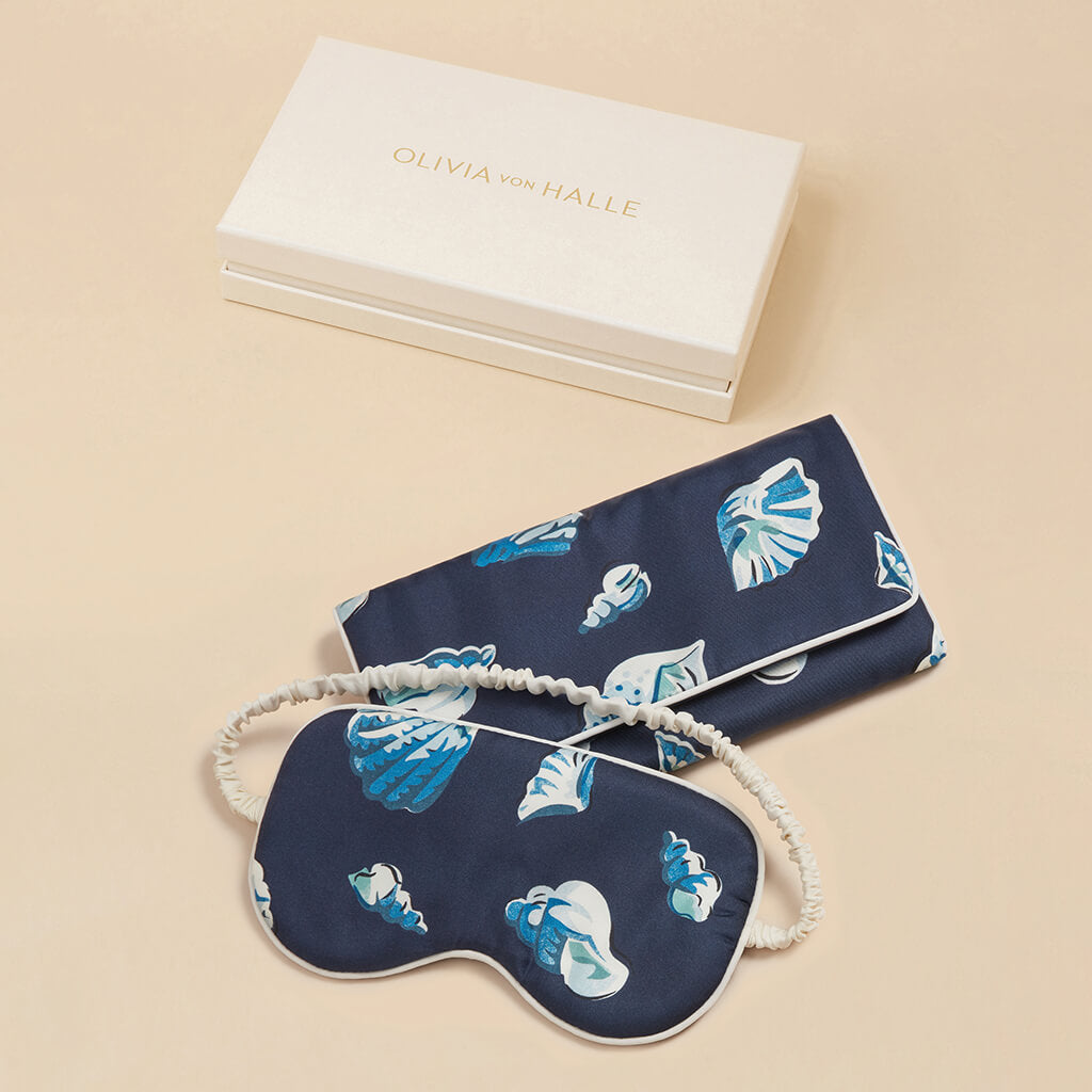 Audrey Nautilus Navy Seashell Eye Mask in Silk Twill | Olivia von Halle