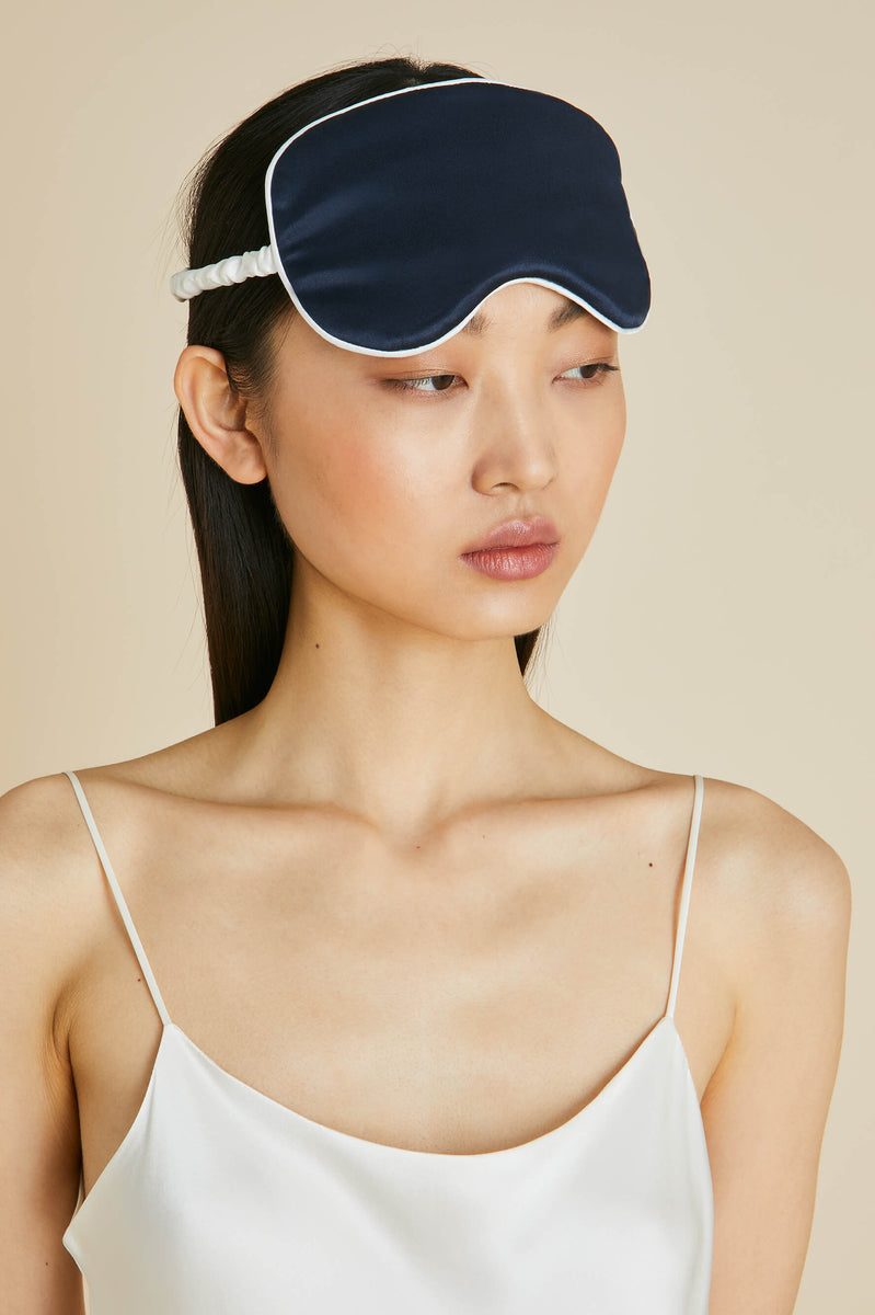 Audrey Navy Ivory Eye Mask in Silk Satin | Olivia von Halle