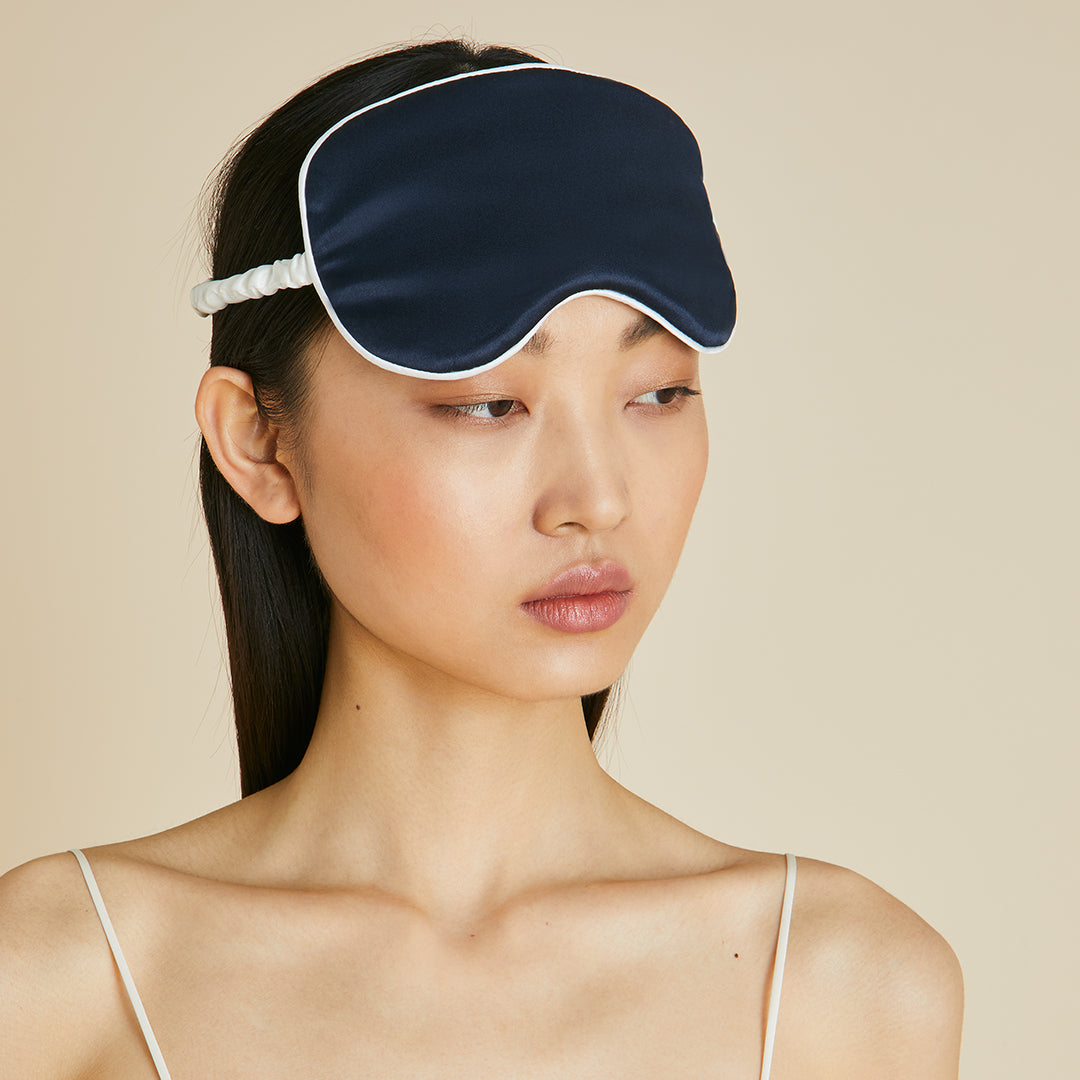 Audrey Navy Ivory Eye Mask in Silk Satin | Olivia von Halle
