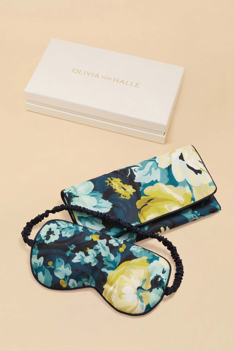 Audrey Nocturne Blue Floral Eye Mask in Silk Twill | Olivia von Halle