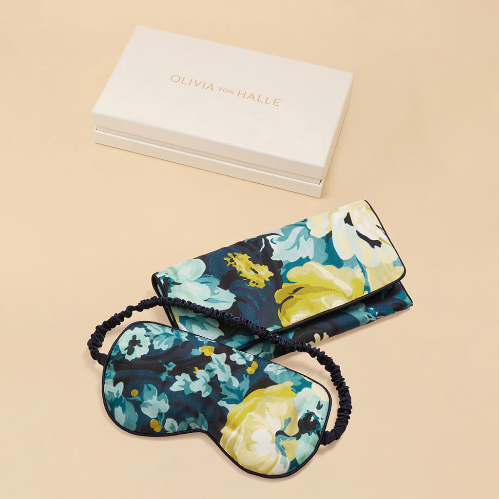 Audrey Nocturne Blue Floral Eye Mask in Silk Twill | Olivia von Halle