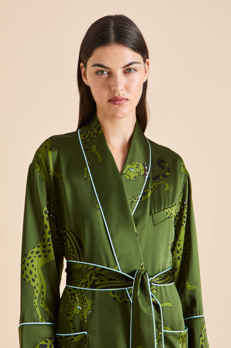 Capability Cosmos Green Leopard Robe in Silk Satin | Olivia von Halle