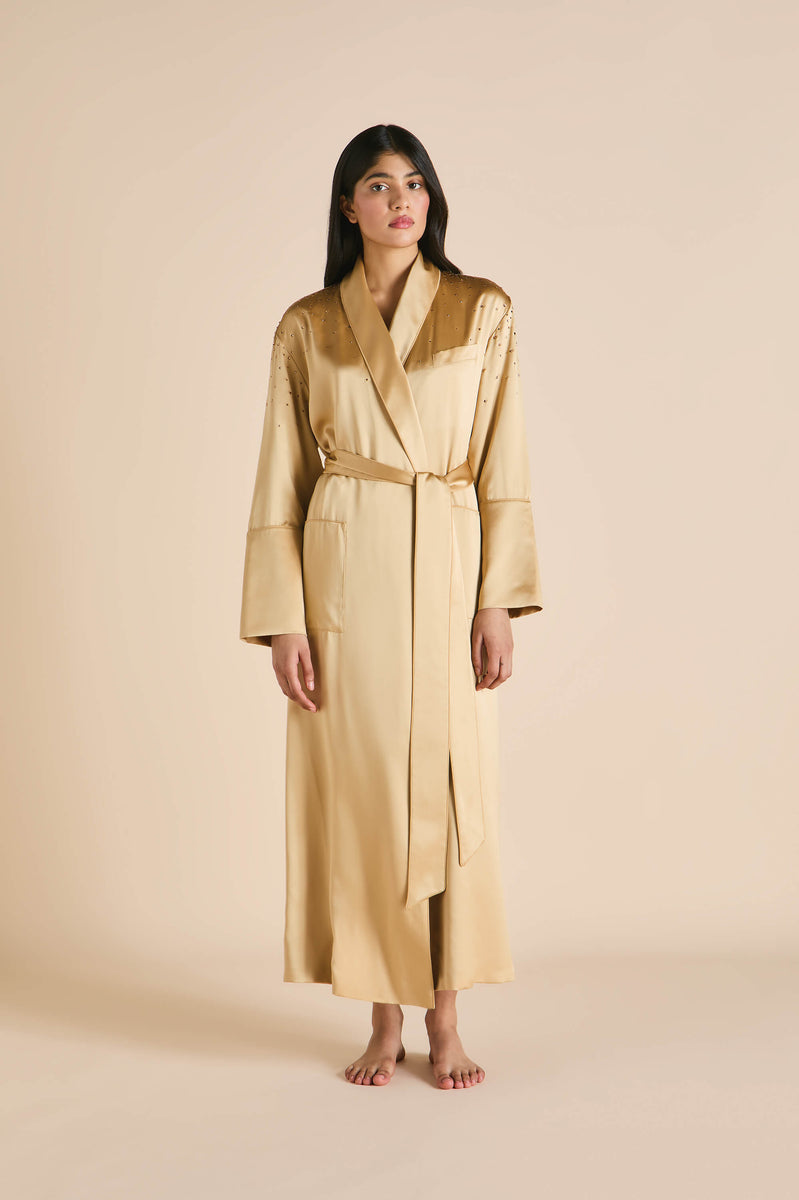 Capability Lune Caramel Embellished Robe in Silk Satin | Olivia von Halle