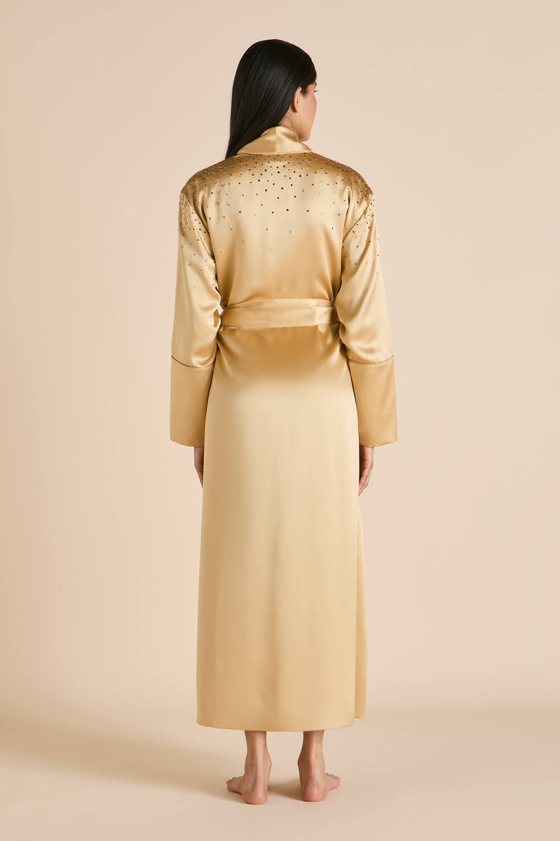 Capability Lune Caramel Embellished Robe in Silk Satin | Olivia von Halle