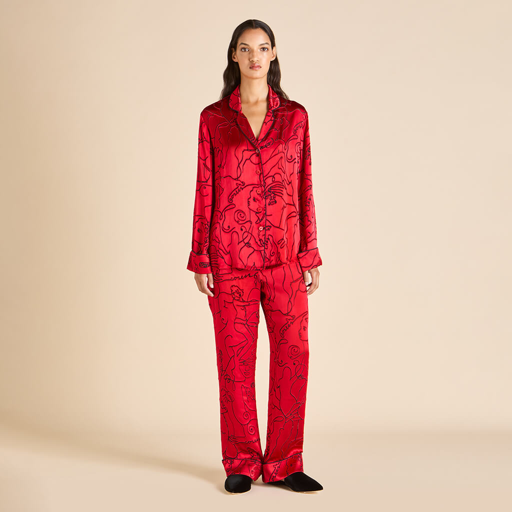 Lila Liaisons Red Figures Pajamas in Silk Devoré | Olivia von Halle