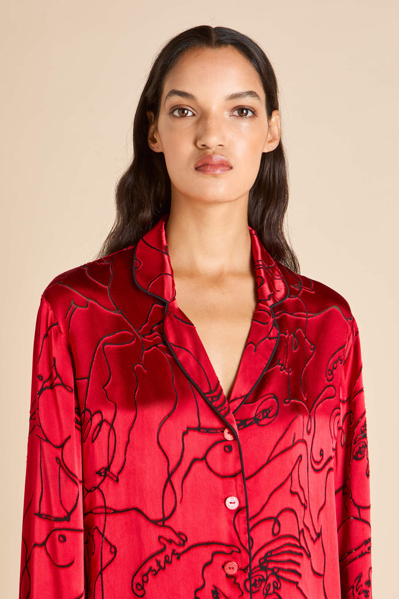 Lila Liaisons Red Figures Pyjamas in Silk Devoré | Olivia von Halle