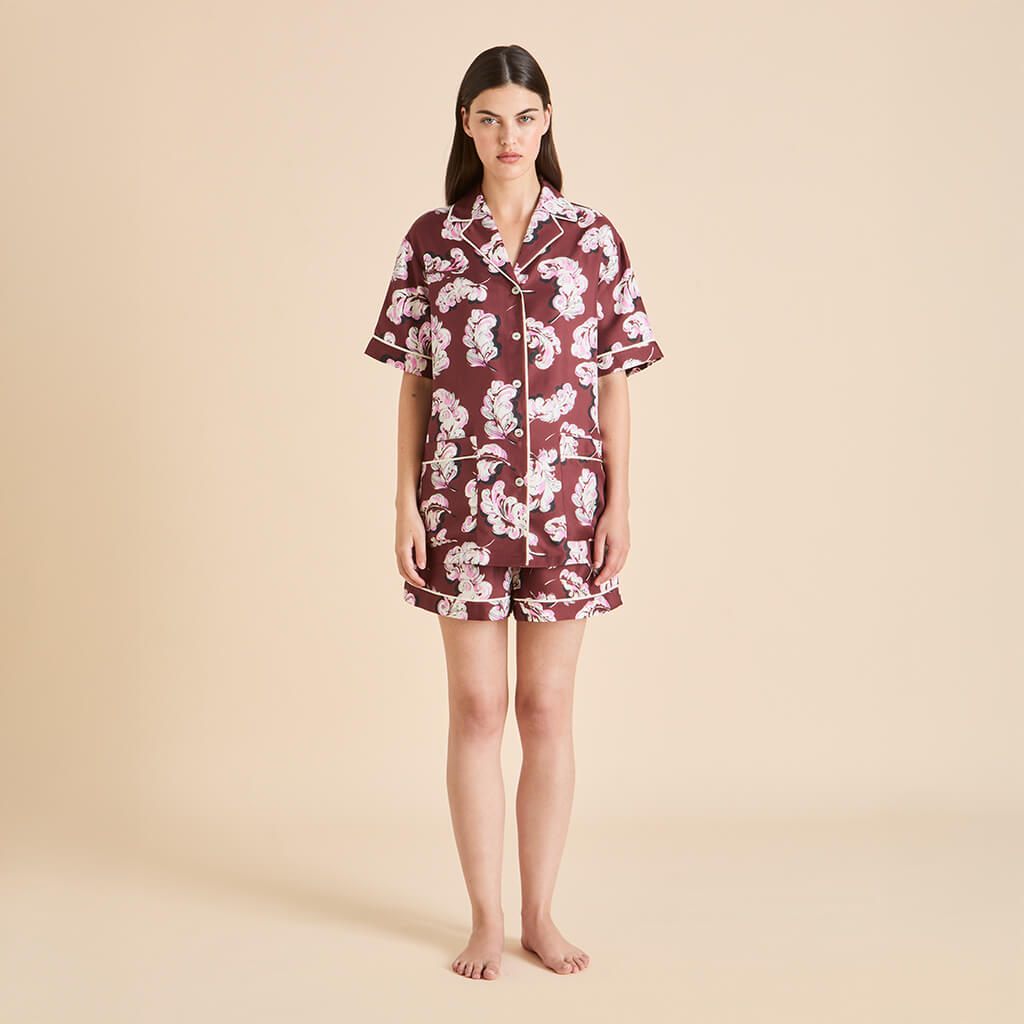 Ingo Boudoir Maroon Feather Pyjamas in Silk Twill | Olivia von Halle