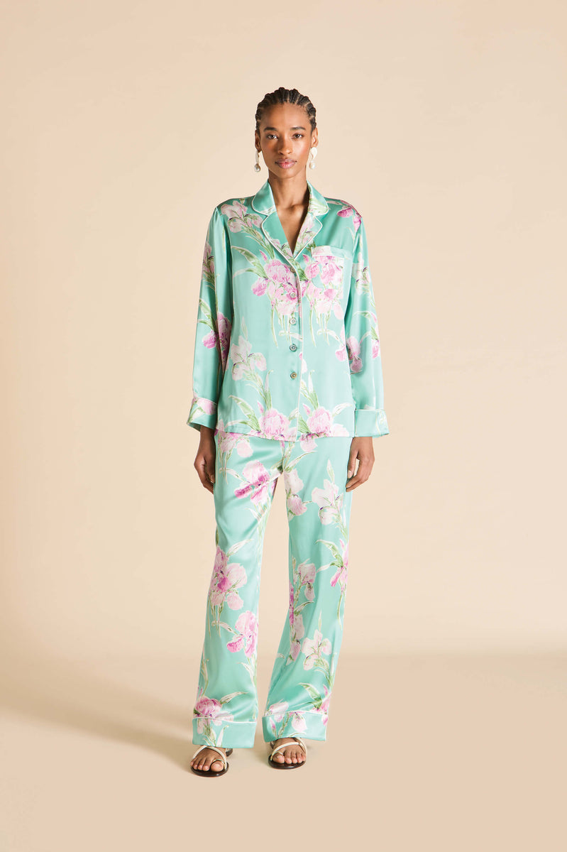 Lila Abalone Turquoise Floral Pyjamas in Silk Satin | Olivia von Halle
