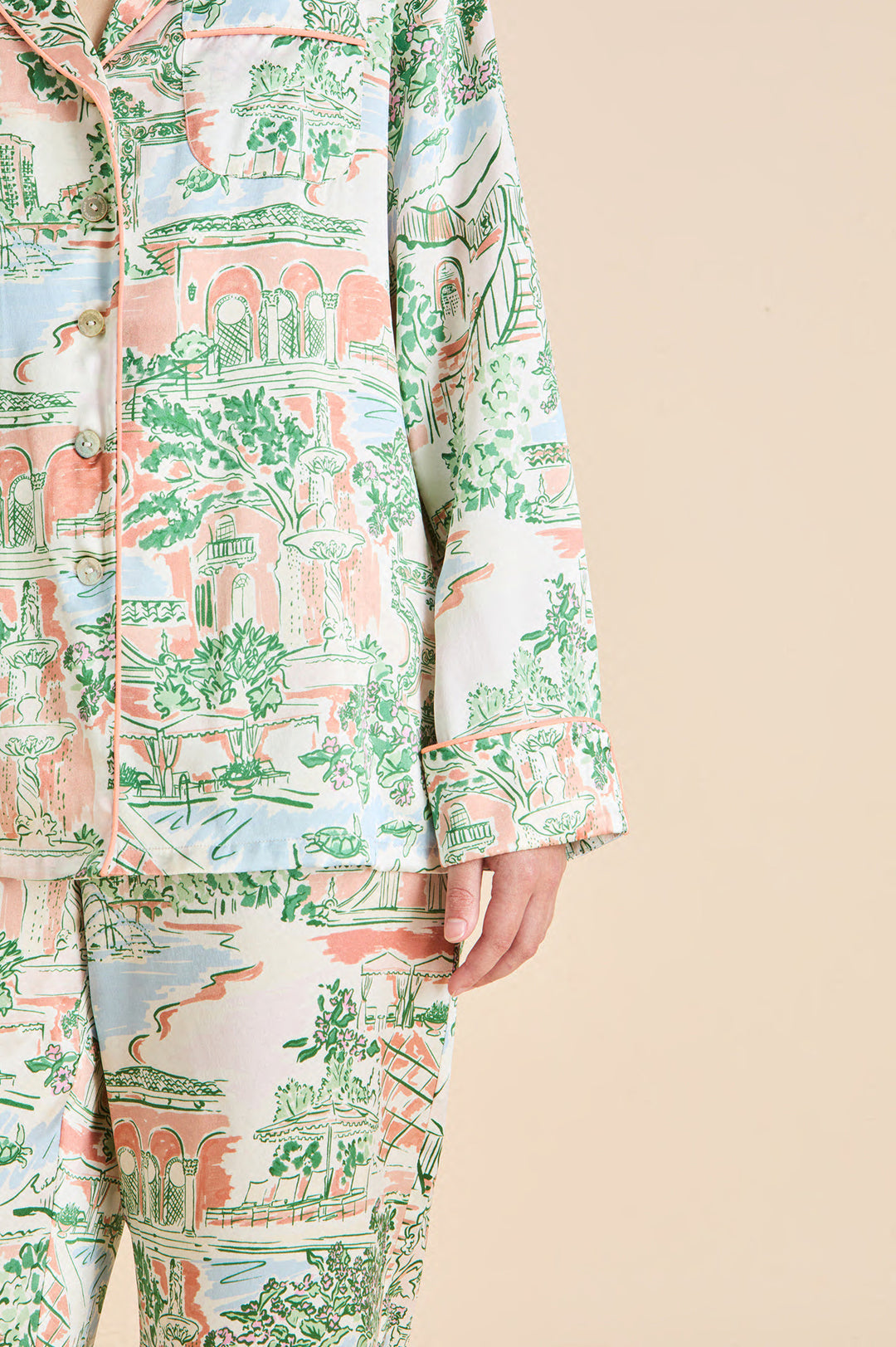 Lila Mansion Peach Landscape Pyjamas in Silk Satin | Olivia von Halle