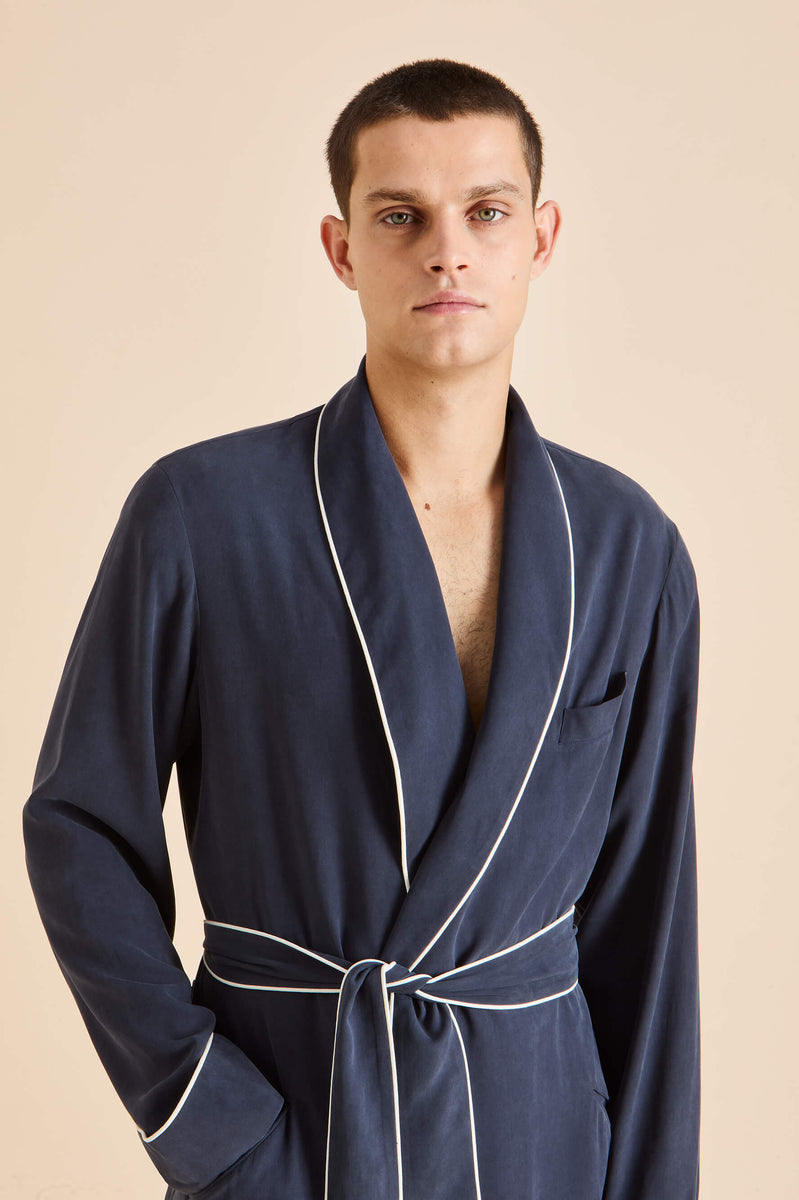 Mescal Navy Robe in Sandwashed Silk | Olivia von Halle