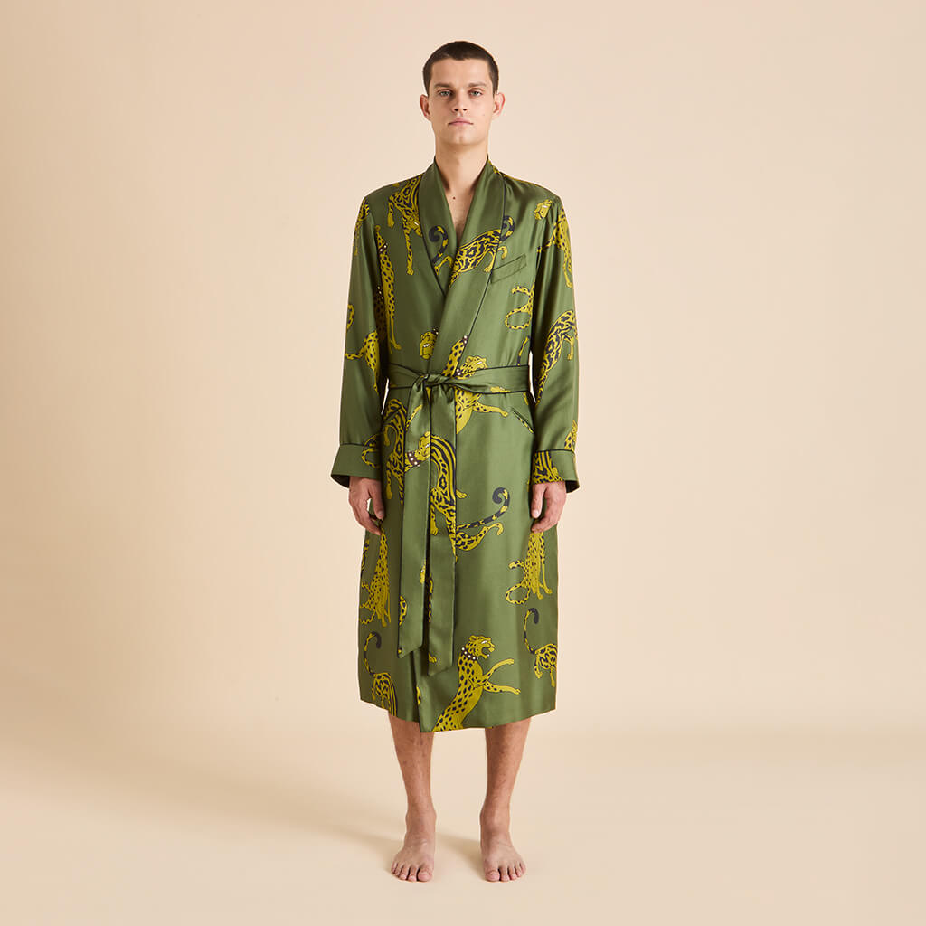 Mescal Nyra Green Leopard Robe in Silk Twill | Olivia von Halle