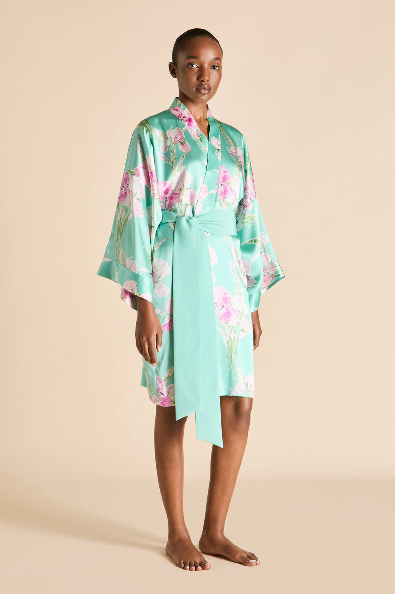 Mimi Abalone Turquoise Floral Robe in Silk Satin | Olivia von Halle