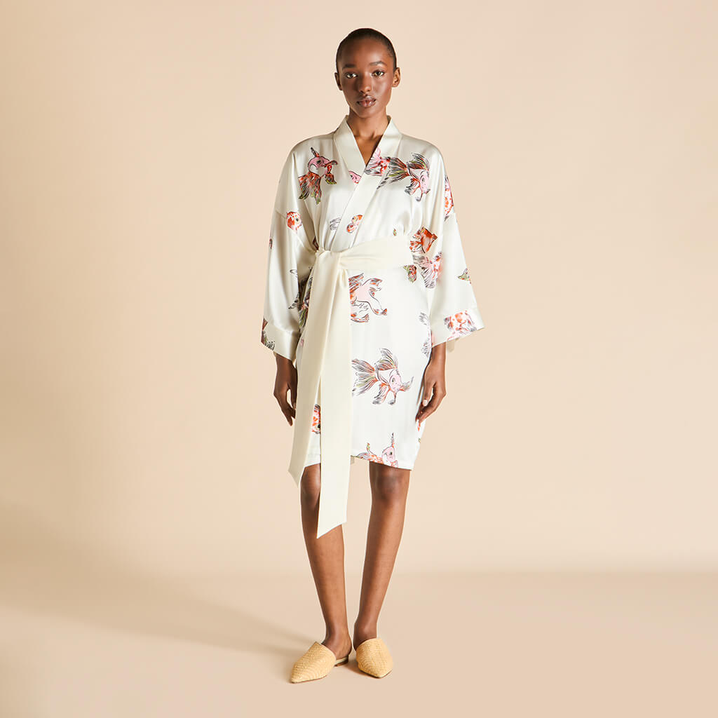 Mimi Cora Ivory Goldfish Robe in Silk Satin | Olivia von Halle