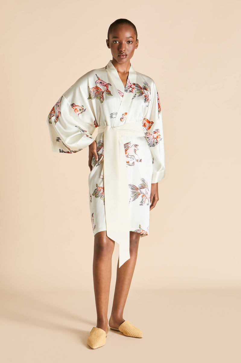 Mimi Cora Ivory Goldfish Robe in Silk Satin | Olivia von Halle