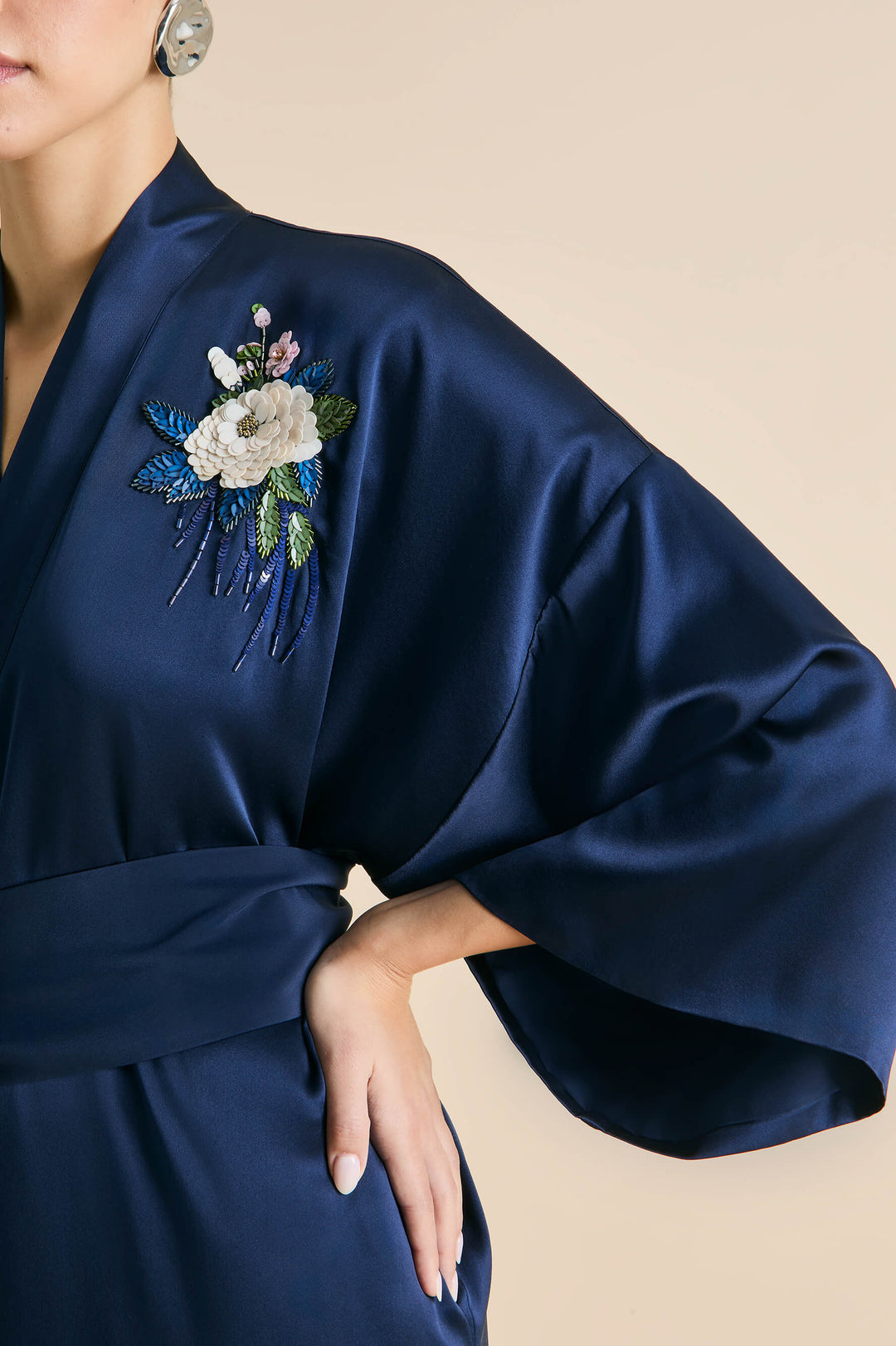 Queenie Harmonies Navy Embellished Robe in Silk Satin | Olivia von Halle