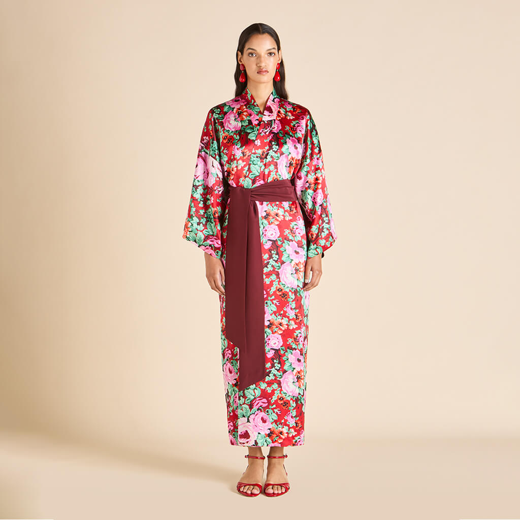 Queenie Moulin Red Floral Robe in Silk Satin | Olivia von Halle