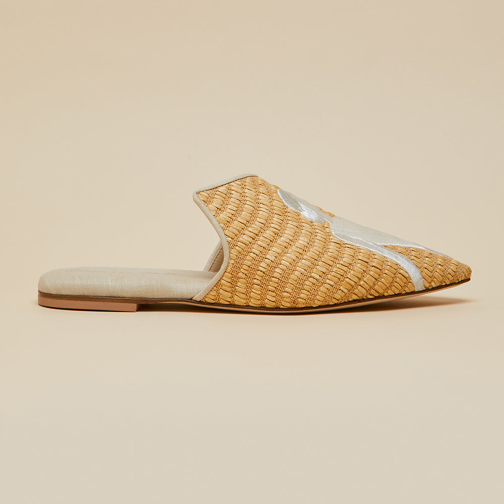 Contessa Viola Beige Embroidered Slippers in Raffia | Olivia von Halle