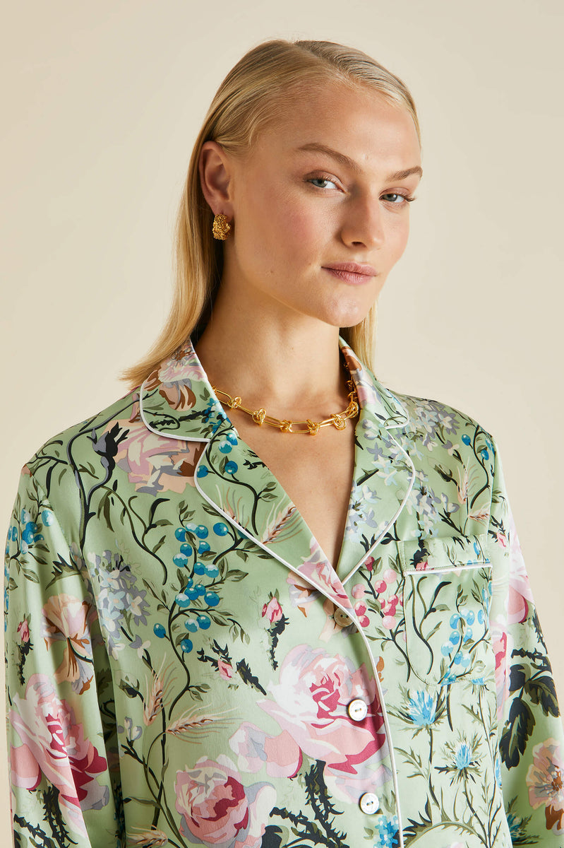 Lila Effie Green Floral Pyjamas in Silk Satin | Olivia von Halle